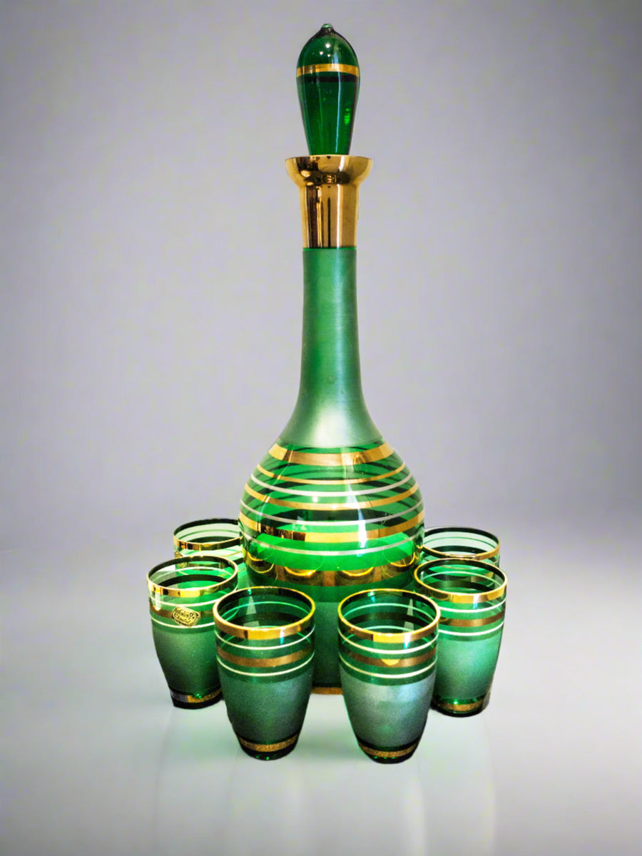 Bohemian Crystal Green And Gold Striped Decanter With 6 Glasses Blown ...