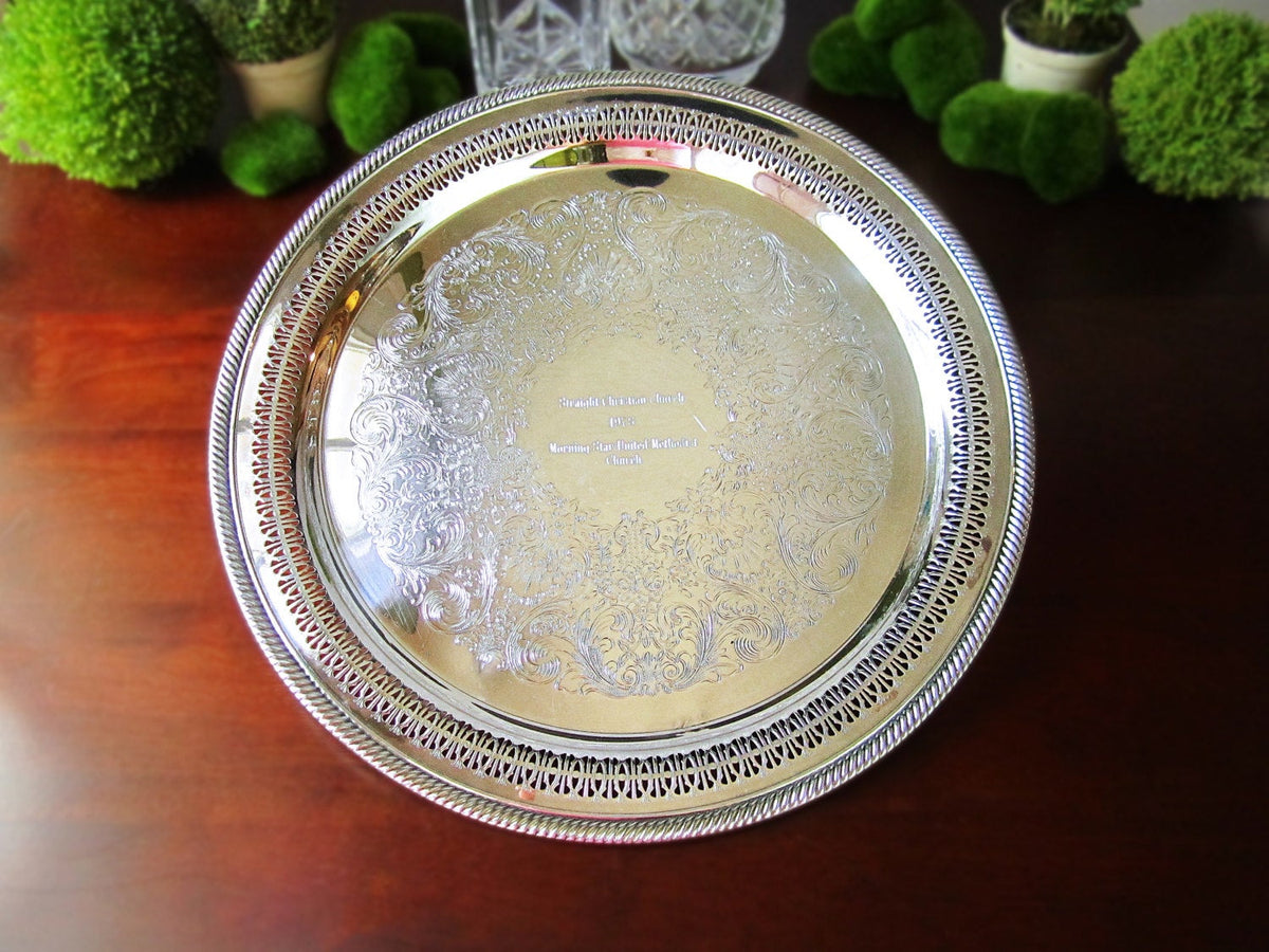 Vintage Silver Plate Tray Pierced Cut Out Design Round Engraved 1978 G ...