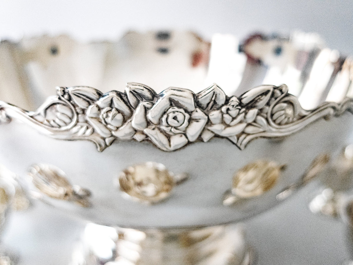 Vintage Silver Plate Rose Punch Bowl Set With 12 Cups And Ladle ...