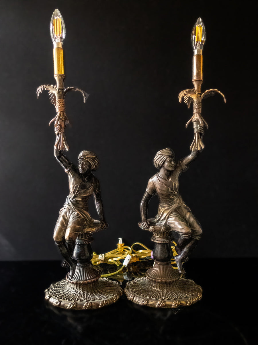 Vintage Bronze Pair Blackamoor Lamps Sculpture Statues Moorish Moors N ...